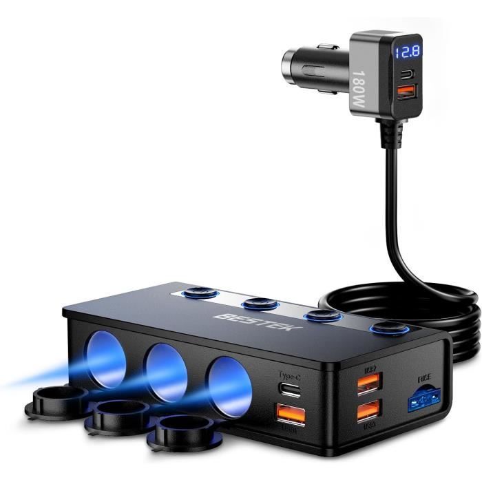 Chargeur De Voiture 180W Usb-C Pd Usb Qc3.0, 3 Prises Adaptateur Allume ...