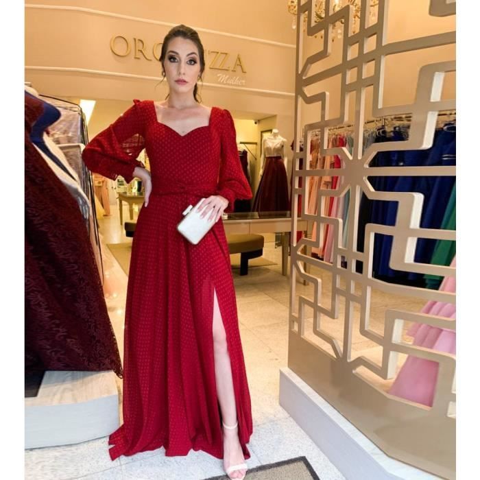 Robe Femme - Chic Classique Elégant Bohème - Rouge - Manche longue ...