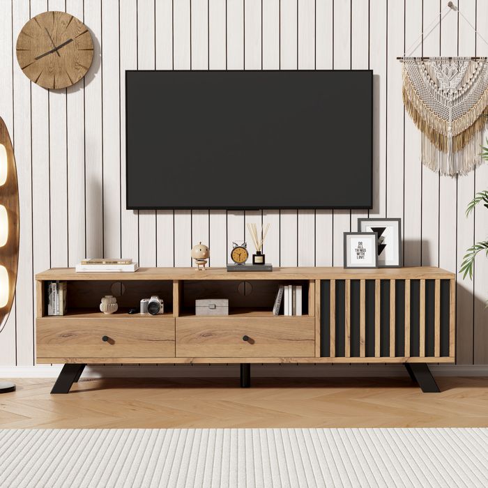 Meuble TV 150 x 38 x 44 cm avec 2 tiroirs et 1 placard, couleur bois ...