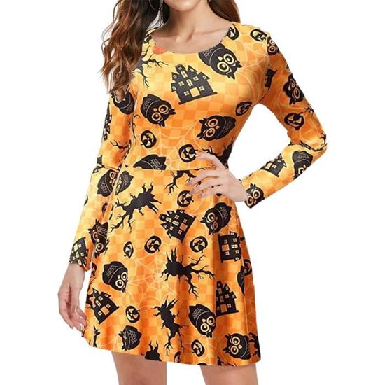 Robe Citrouille Femme Halloween Robe Crâne Vintage col en V Manches ...