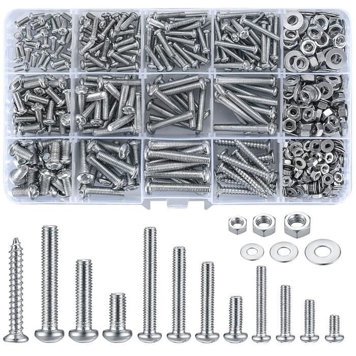 Assortiment de 225 vis avec écrous, boulons et rondelles M3 M4 M5 cruciformes à tête plate et ...