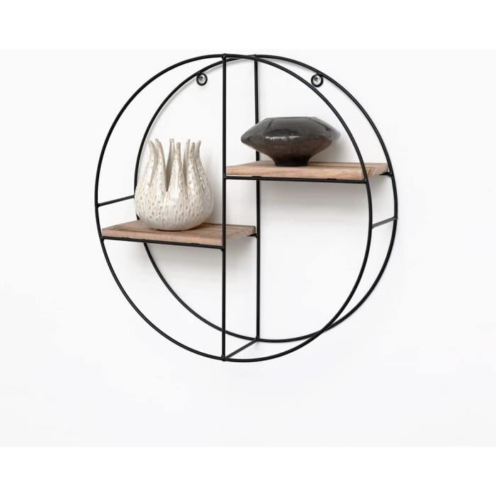 Étagère Murale Ronde En Métal Noir Avec 2 Tablettes En Bois - 37 X 10 ...