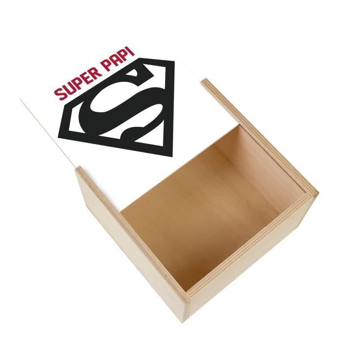 Boite Coffret en Bois - Super Papi Rouge Logo Super Héro (11 x 11 x 3,5 ...