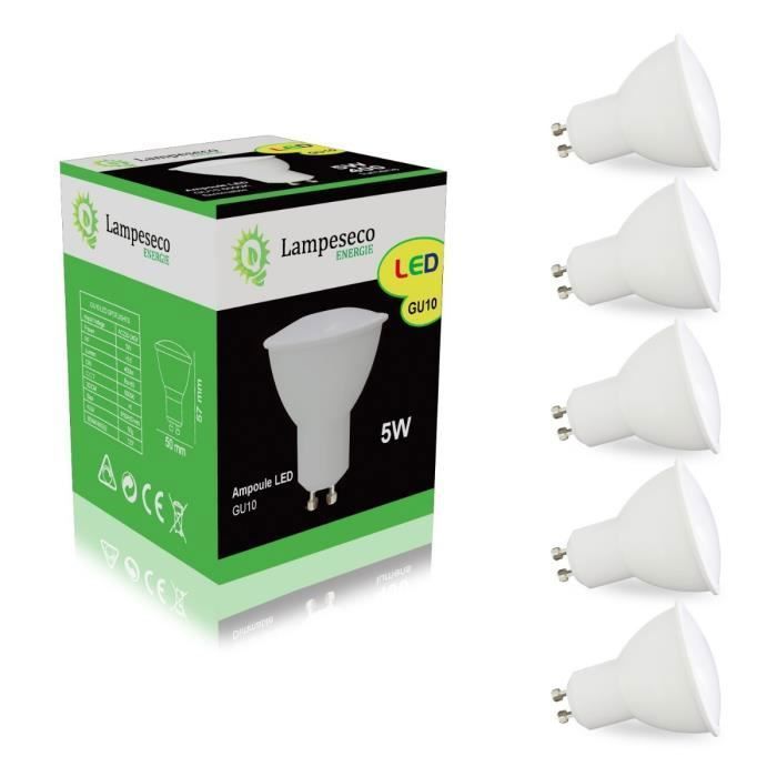 Pack De 5 Ampoules Led Gu10 5w Blanc Froid 120° Lampesecoenergie