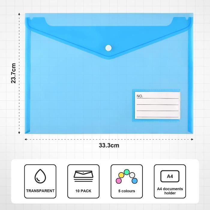 Pochette Plastique A4, Lot De 10 Pochettes Porte-Documents, 5 Couleurs ...