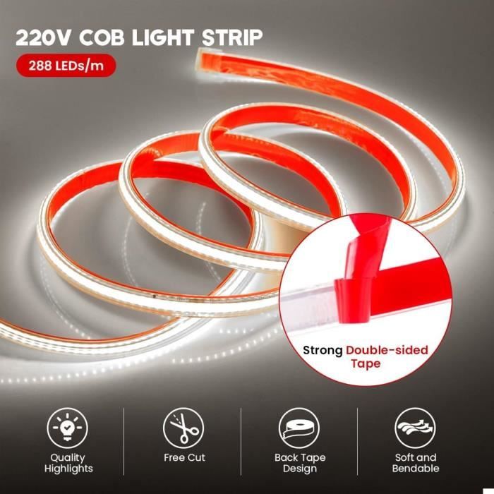 Ruban Led Autocollant, Cob Bande Led 220V Ip65 Etanche Bande Lumineuse ...