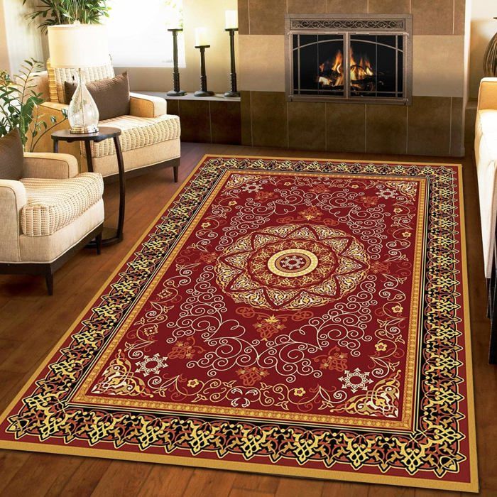 Tapis De Salon Oriental Turquie Persan Rouge, Tapis Poils Ras Motif ...