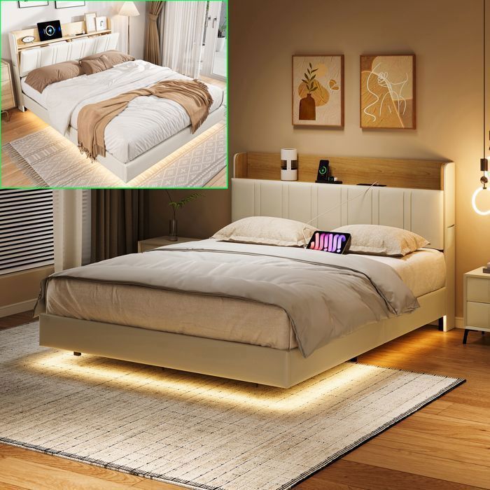 LED Lit Flottant 140 x 190 cm avec Sommier - 2 Prises & 1 USB & 1 Type ...