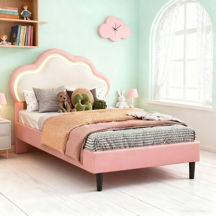 Lit enfant file, Lit 90x200 et sommier, Lit simple avec LED, lit ...