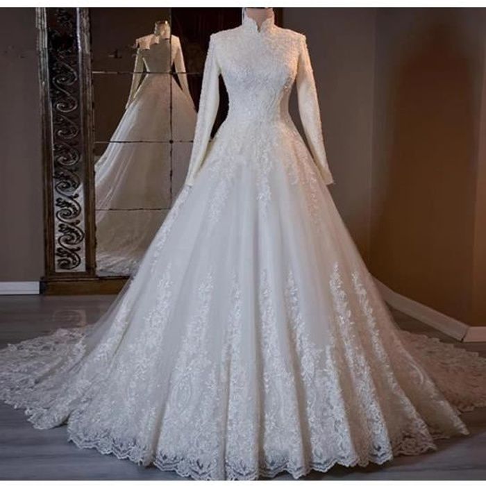 Nouvelle robe de mariée Vintage Dentelle Manches longues Col rond Blanc - Cdiscount Prêt-à-Porter