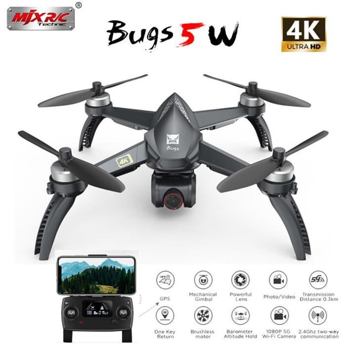MJX RC Drone Bugs 5 W B5W 5G WIFI FPV avec caméra 4K GPS Altless Hold Hold Quadcopter RTF 2 ...