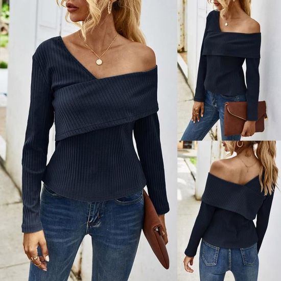 TUNIQUE Pull chemisier sexy à épaules dénudées pour femmes Marine ...
