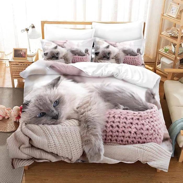 Parure de Lit Chat Imprimé Housse de Couette 200x200cm avec 2 Taies d ...