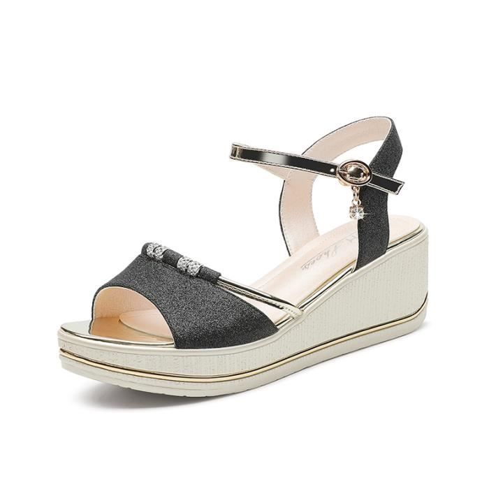 Sandales Femme Compensées Rétro en Textile Noir - Marque - Modèle ...