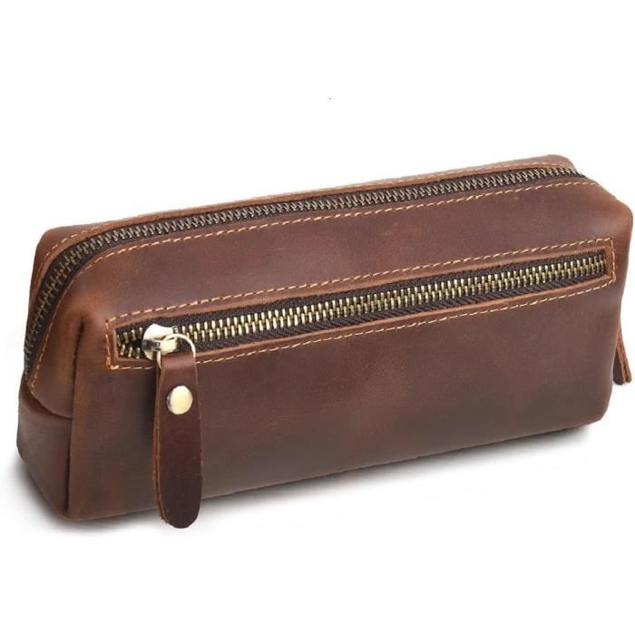 Trousse En Cuir Plumier Étui À Stylo Porte-Marqueur Grande Capacité Avec Pochette Pour ...