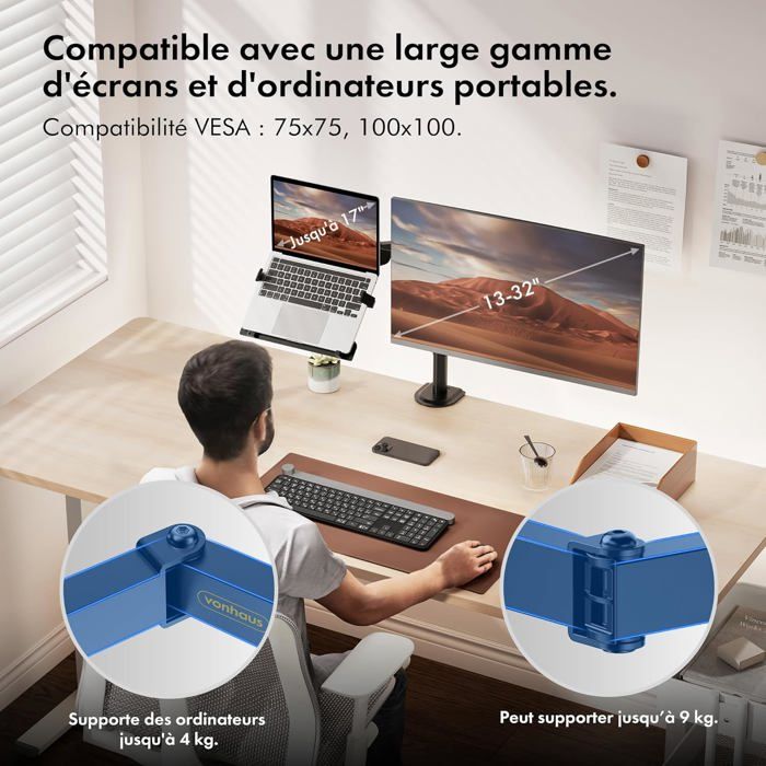 Support moniteur avec plateau - SYSSEN - Hauteur réglable - Écran 13 à ...