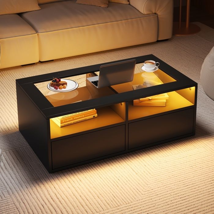 Table basse LED 100 x 50 x 35 cm noir he plateau verre trempé 2 tiroirs ...