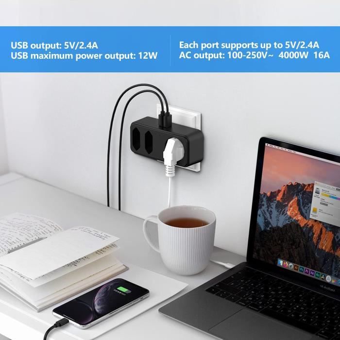 Multiprise Usb Murale, 5 En 1 Prise Usb Multiple Avec 3 Prises Murale ...