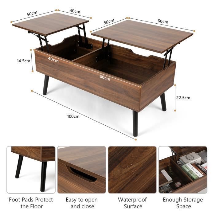 VOWNER - Table Basse Réglable en Hauteur - Double Plateau Relevable ...
