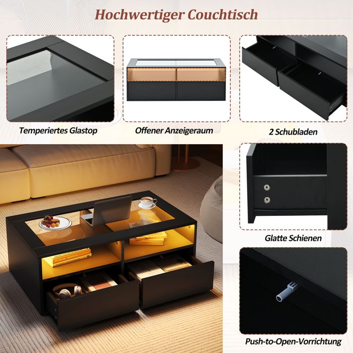 Table basse LED 100 x 50 x 35 cm noir he plateau verre trempé 2 tiroirs ...