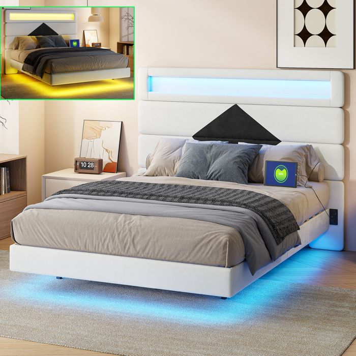 LED Lit Flottant 140 x 190 cm avec Sommier - Tissu en Velours - Lit ...