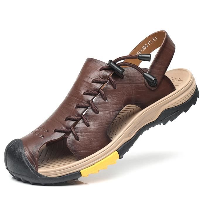 Sandale Homme Plage Randonnée Cuir Sandales légères été Souples Marron ...
