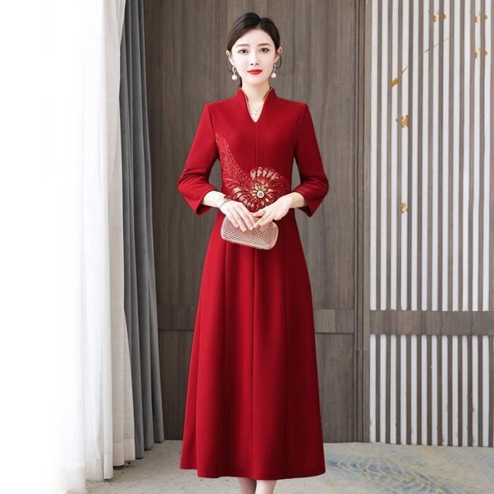 CRAZE JiuMeiDai femmes automne a-ligne broderie Robe bureau dame rouge ...