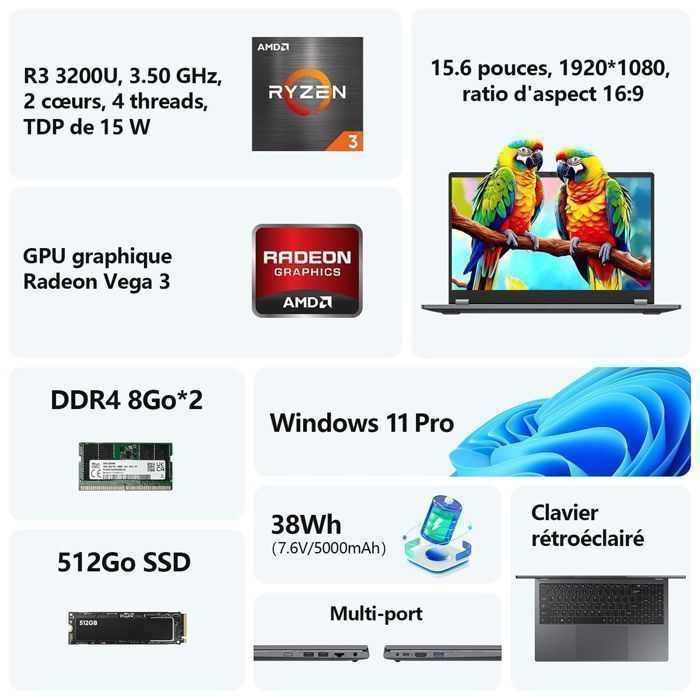 PC Portable- VANWIN -15,6" Ecran Tactile 360°Rotation-AMD RYZEN3 3200U ...