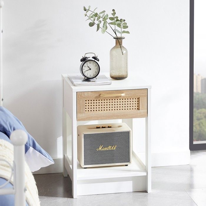 Table de chevet - LINHOO - 40 x 40 x 55 cm - MDF blanc et naturel ...