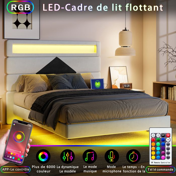 LED Lit Flottant 140 x 190 cm avec Sommier - Tissu en Velours - Lit ...