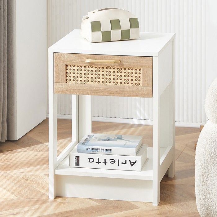 Table de chevet - LINHOO - 40 x 40 x 55 cm - MDF blanc et naturel ...