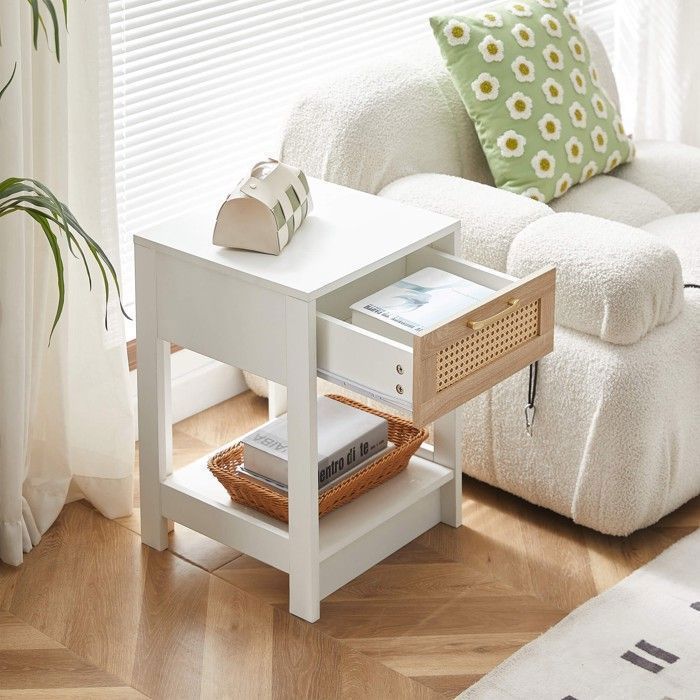 Table de chevet - LINHOO - 40 x 40 x 55 cm - MDF blanc et naturel ...