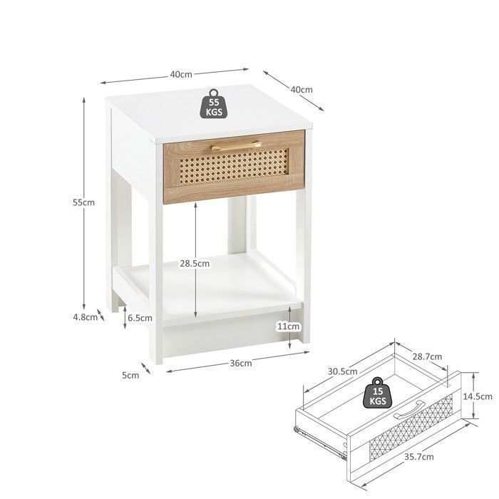 Table de chevet - LINHOO - 40 x 40 x 55 cm - MDF blanc et naturel ...