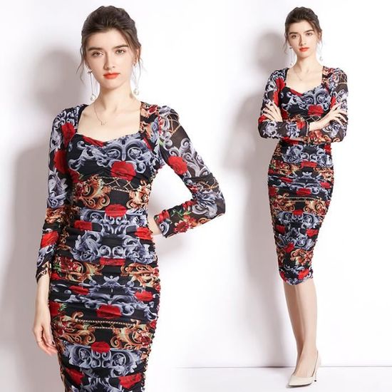 Robe,Robe mi-longue à manches longues et col en V pour femmes,imprimé ...