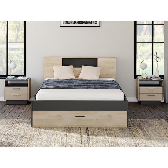 Lit avec tête de lit rangements et tiroirs - 140 x 190 cm - Coloris : Naturel et anthracite ...