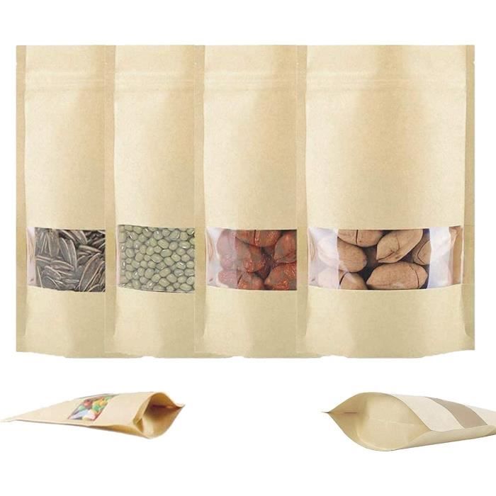 Sachet Zip Kraft Papier, 100 PCS avec Fenêtre Transparente Sachet Zip ...