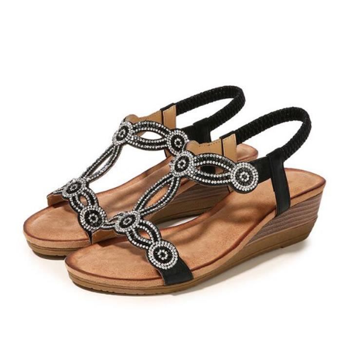 Sandale Femme Sexy Sandales Bohémienne été Compensé Sandales - Noir ...