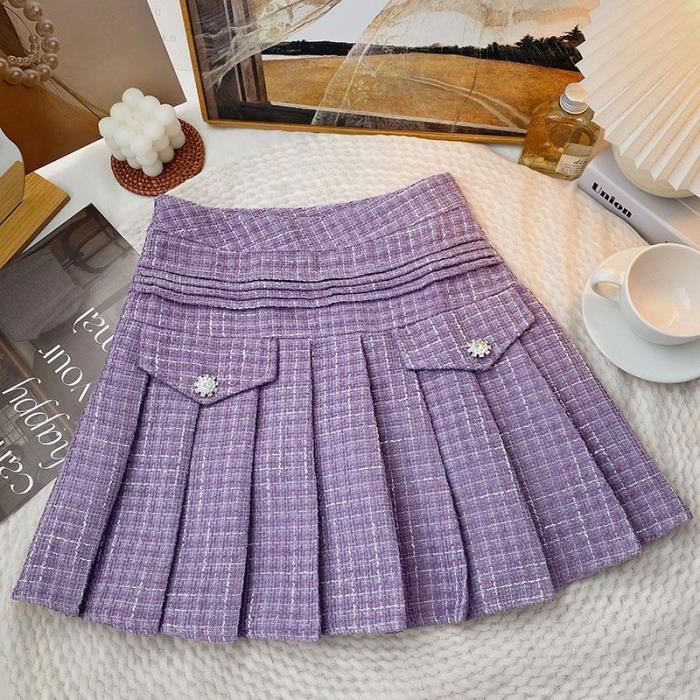 Jupe,Jupe en Tweed pour femmes, Mini jupe taille haute, couleur unie ...