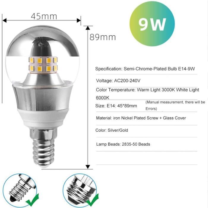 AMPOULE LED,E14 9W-White--Ampoule LED en verre plaqué argent AC200 240, 5W 7W 9W, réflecteur au ...
