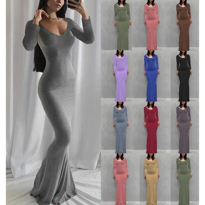 Minetom Robes Maxi Bodycon Femme Robe Longue Casual Décolletée Manche ...