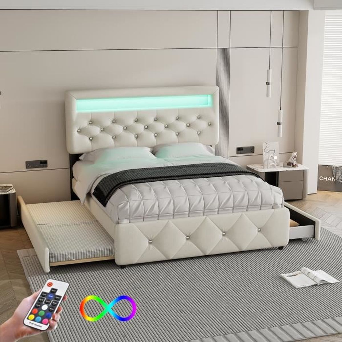 DRIPEX Lit rembourré LED 140×200cm avec Lit Gigogne 90×190cm et deux ... DRIPEX Lit rembourré LED 140×200cm avec Lit Gigogne 90×190cm et deux ...