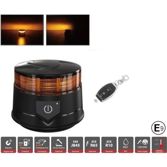 Gyrophare LED Orange Ambre Sans Fil 12V 24V 14W E9 R65 avec ...