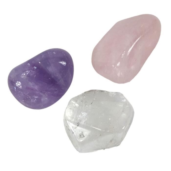 3 pierres roulées "Triangle d'or" Améthyste, Quartz rose & Cristal de ...