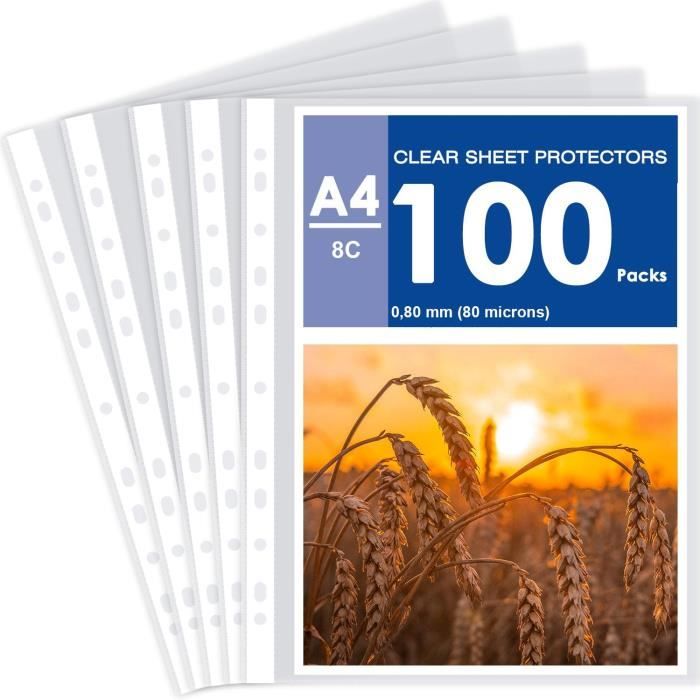 100 Pochettes Plastiques Perforées A4, Papier Transparent A4 Documents ...