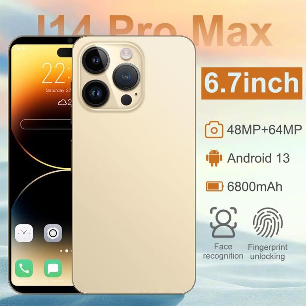 I14 ProMax 6.7in Téléphone Intelligent, Ten Core 2G 5G WiFi, 4GB+64GB, 8MP+16MP, 7000mAh Android ...