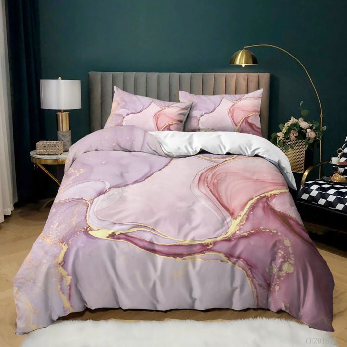 Marbre luxe rose violet or Parure de lit 3 pieces 1 housse de couette ...