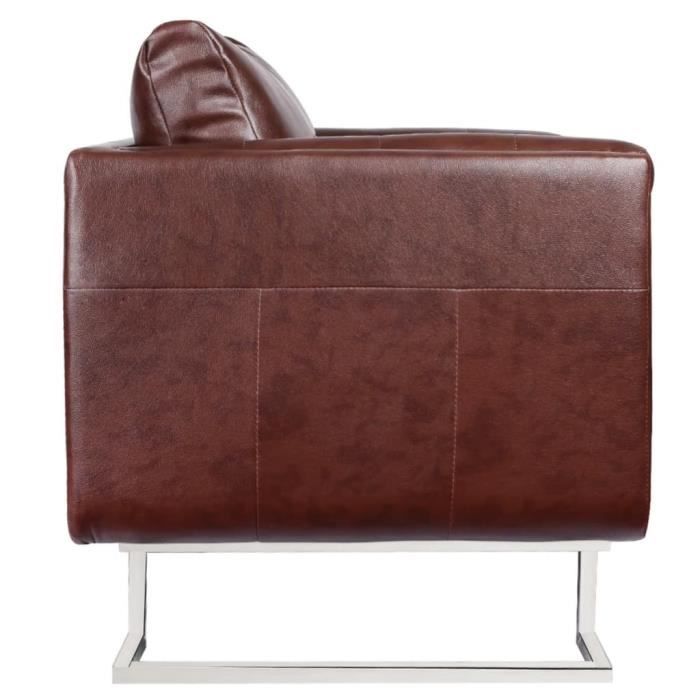 Fauteuil Salon BINGO - Chaise cube avec pieds chromés Marron Similicuir ...