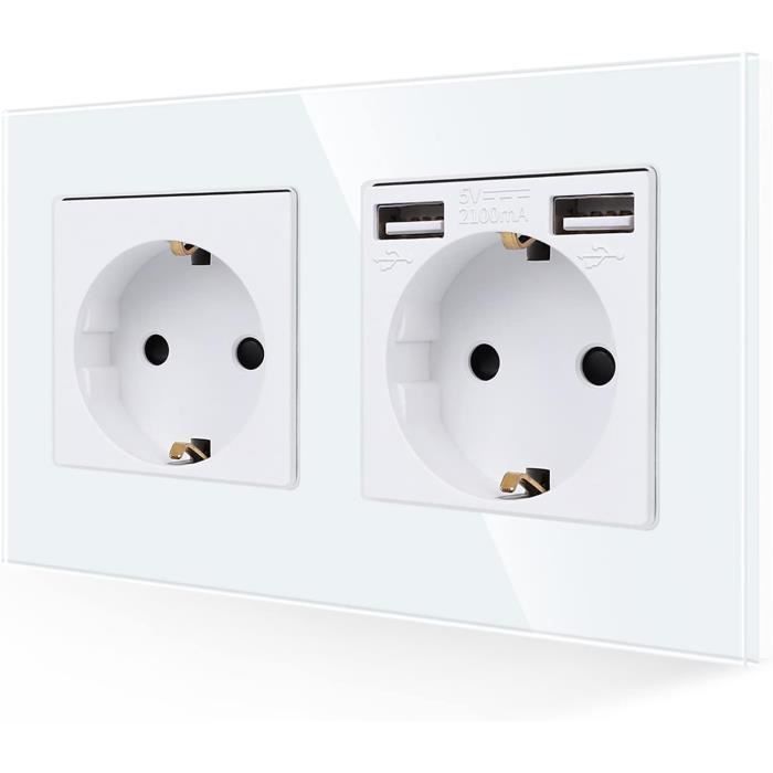 Double Prise Murale En Verre 16 A Avec Charge Rapide Usb Max. 2,1 A ...