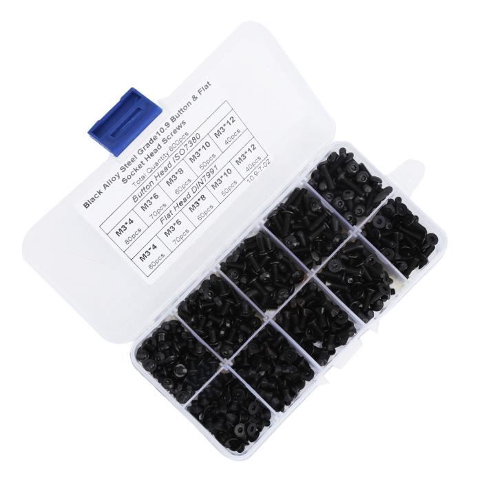 YOSOO Jeu de vis à six pans creux 600Pcs Ensemble de vis à six pans creux en acier allié Pan ...