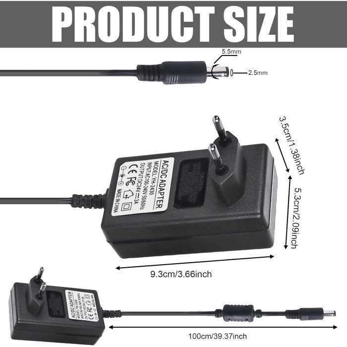 Adaptateur secteur 24 V 3 A, alimentation 72 W, transformateur AC vers DC, entrée 100 à 240 V ...